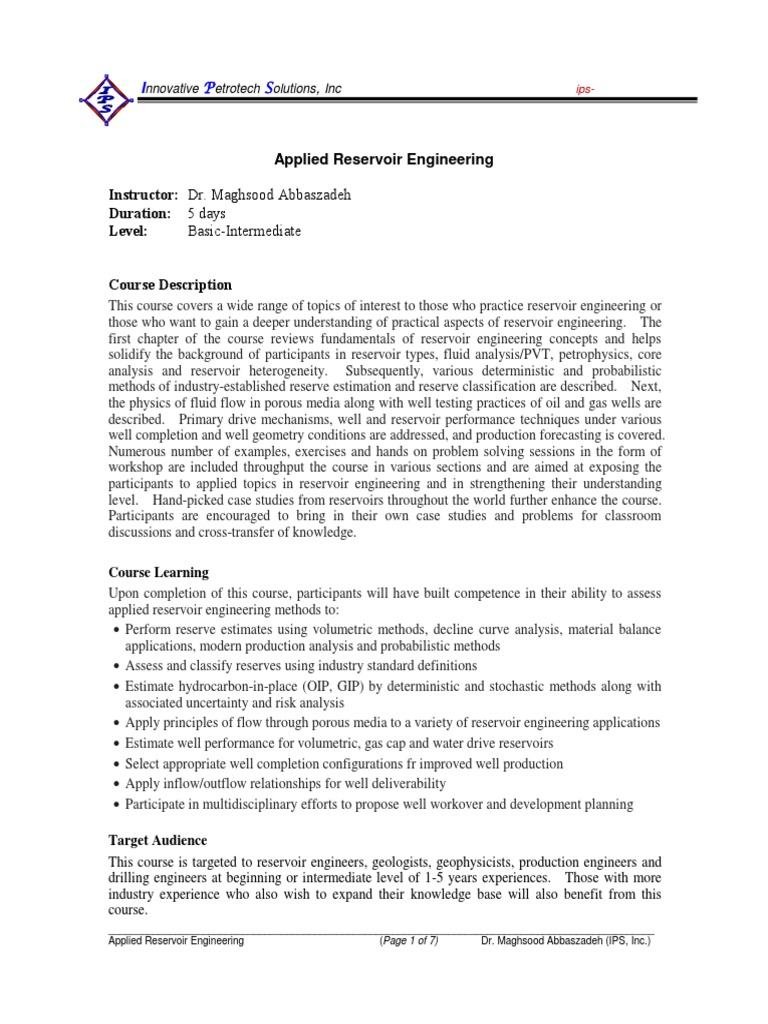 Applied Reservoir Engineering Instructor: Dr. Maghsood Abbaszadeh ...