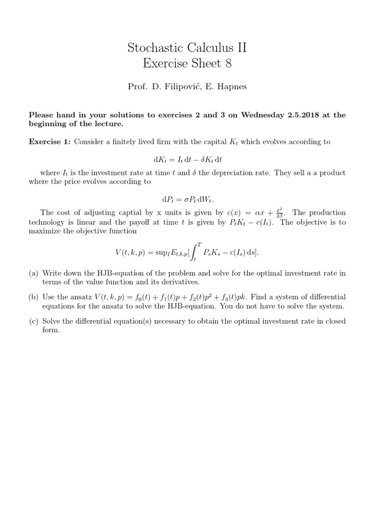 Stochastic Calculus II Exercise Sheet 8: Prof. D. Filipovi C, E. Hapnes ...