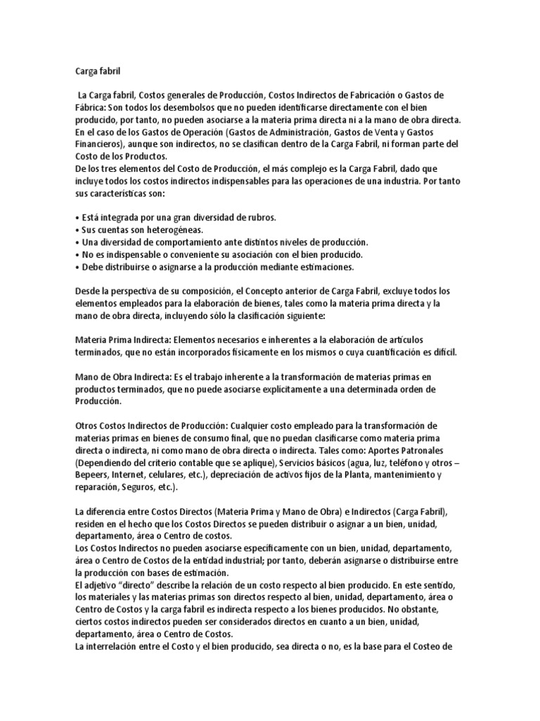 Definición y Clasificación de Carga Fabril | PDF | Costo | Presupuesto