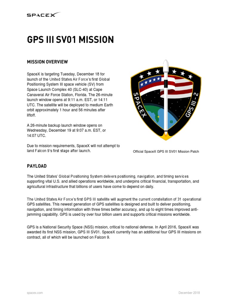 Official Spacex Gps Iii Sv01 Mission Patch | PDF | Falcon 9 | Space X