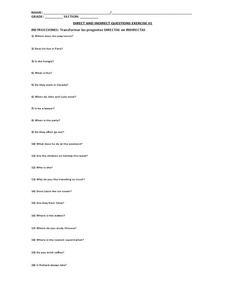 Direct and Indirect Questions Exercise | PDF