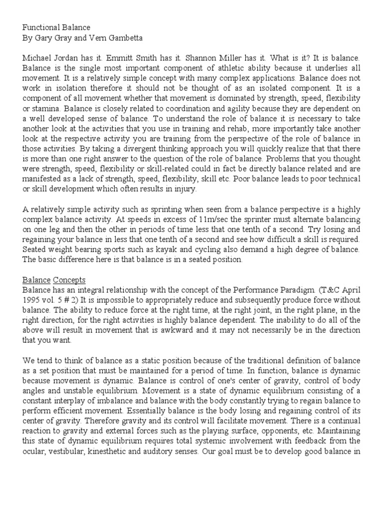 Functional Balance Article by Gary Gray and Vern Gambetta | PDF