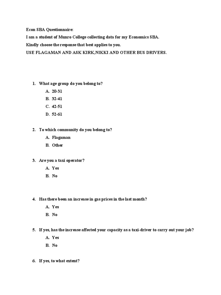 Econ SBA Questionnaire | PDF