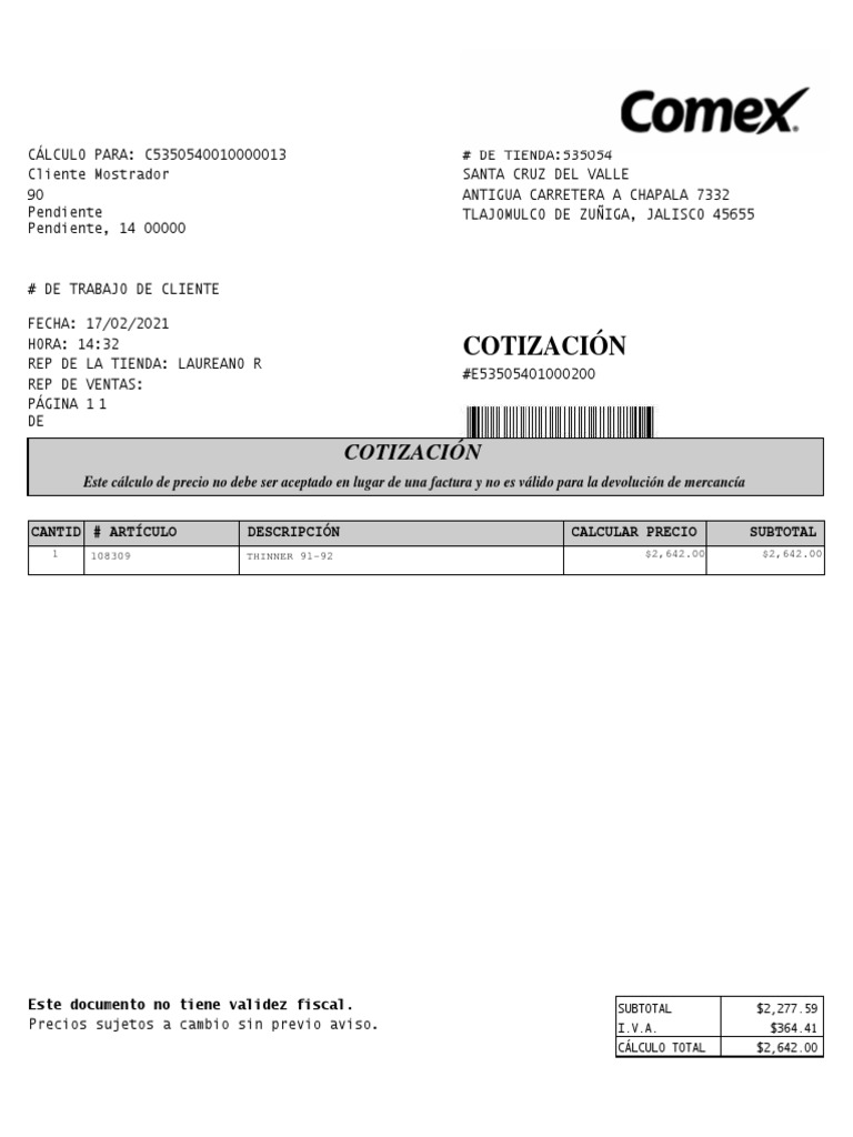 Cotización Thinner 91-92 Comex | PDF