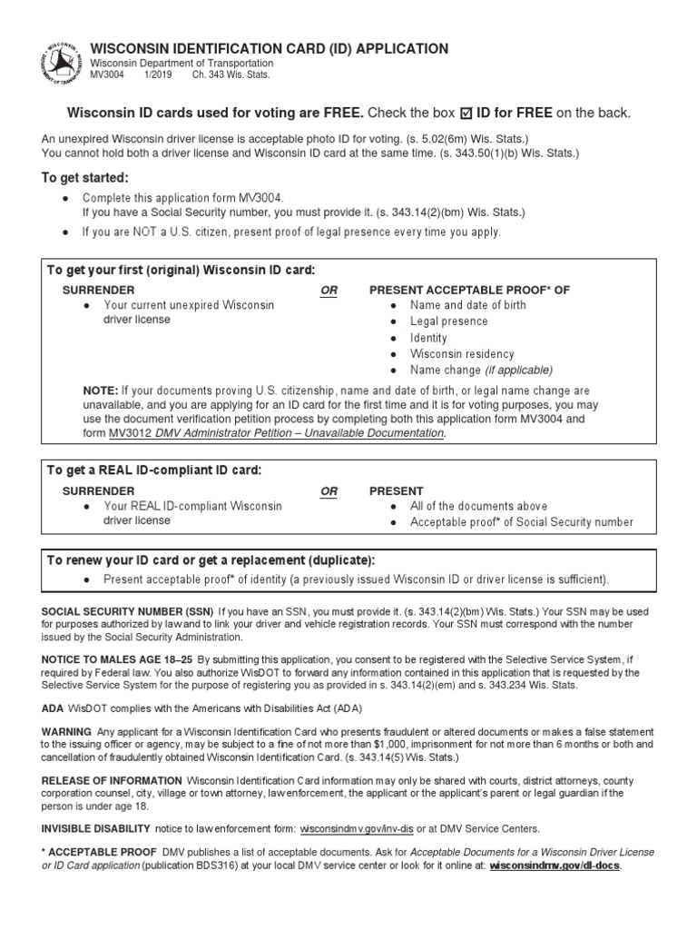 Wisconsin Identification Card (ID) Application | Download Free PDF ...