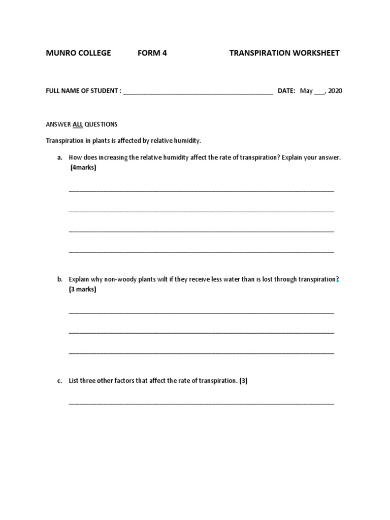 Edited - MUNRO COLLEGE FORM 4 TRANSPIRATION WORKSHEET | PDF ...