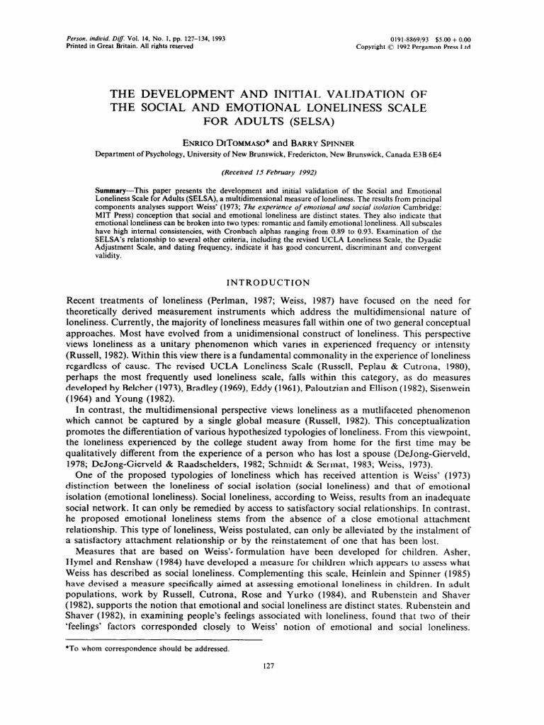 Selsa Ditomasso & Spinner | PDF | Loneliness | Validity (Statistics)