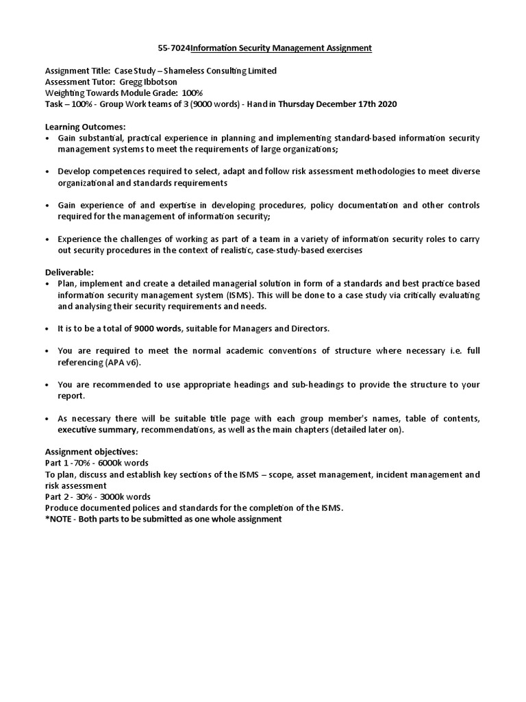 2020 2021 ISM Assignment Details PG | PDF | Risk Assessment | Information Security