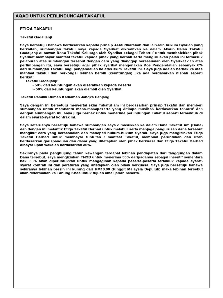 Aqad Perlindungan Takaful Etiqa Takaful | PDF