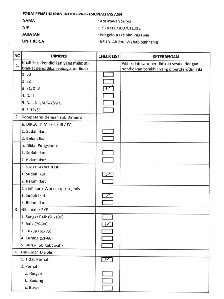 Contoh Pengisian Indek Profesionalitas Asn | PDF