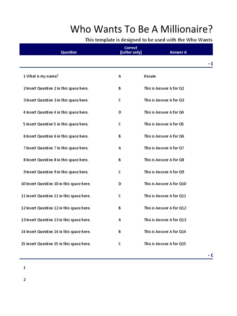 Millionaire Question Template Guide | PDF | Teaching Methods & Materials