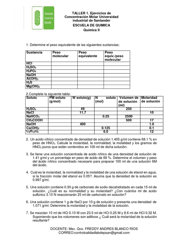 Tema 1. Taller Concentraciones y Soluciones 2020 | PDF | Concentración | Ácido clorhídrico
