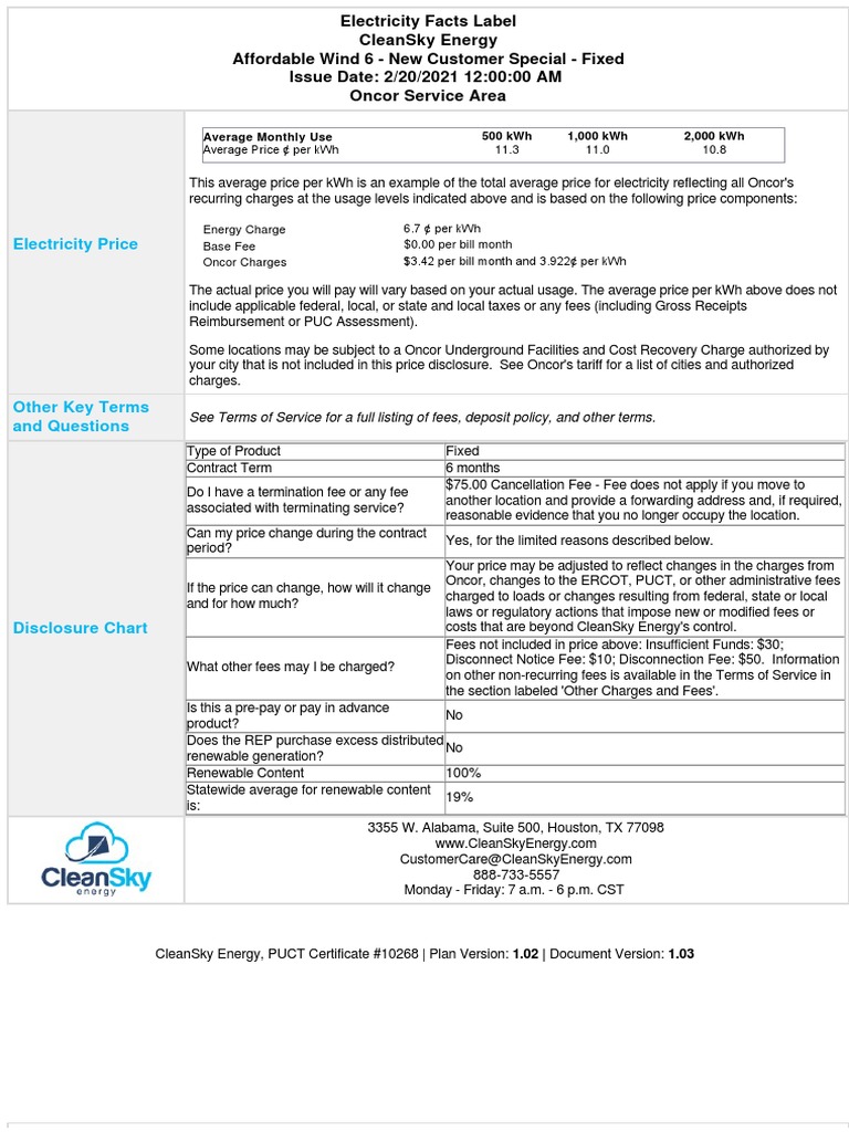 Electricity Facts Label - V1.03 | PDF | Fee | Prices