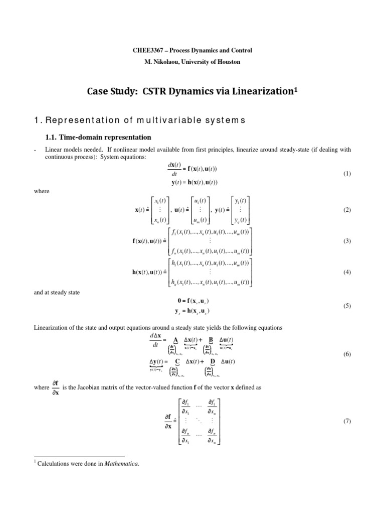 Case Study: CSTR Dynamics Via Linearization: 1. Representation of Multivariable Systems ...