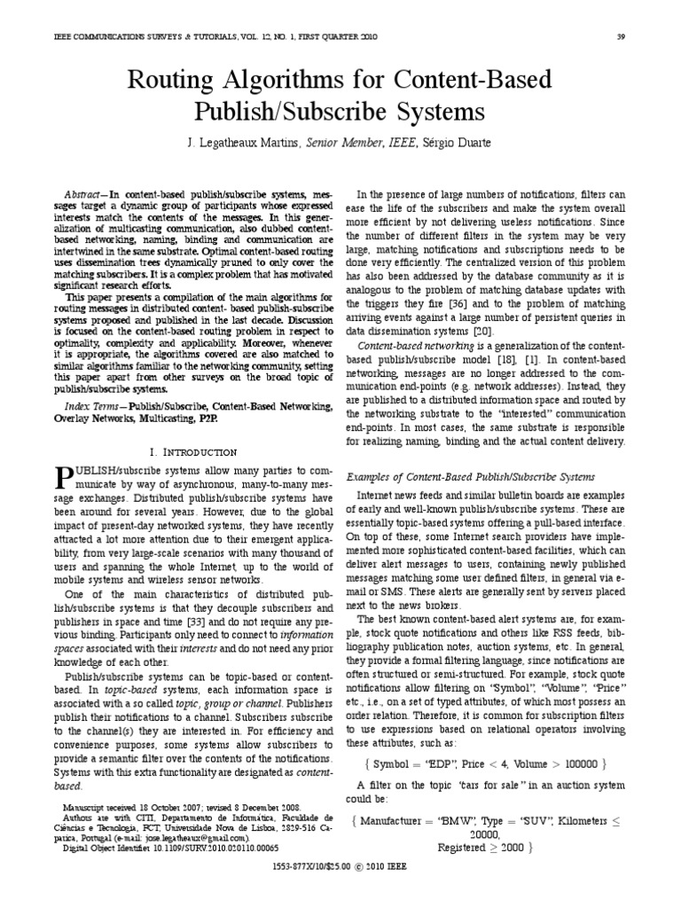 Routing Algorithms For Content Based Publishsubscribe Systems Pdf Peer To Peer Routing 