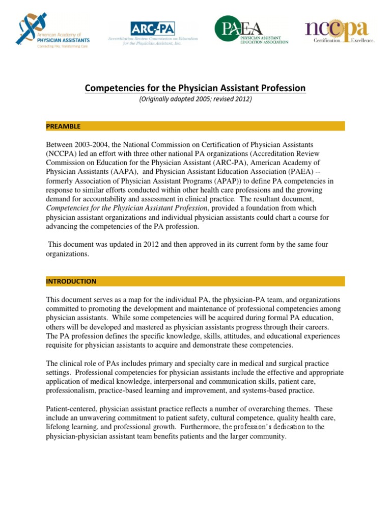 4 Orgs 2012 PA-Competencies-updated | PDF | Health Care | Physician