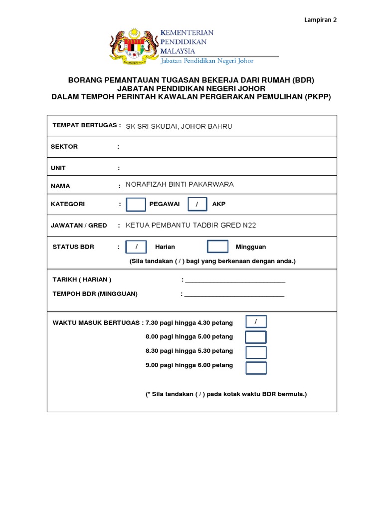 Lampiran 2 - Borang Pemantauan BDR - JPN Johor | PDF