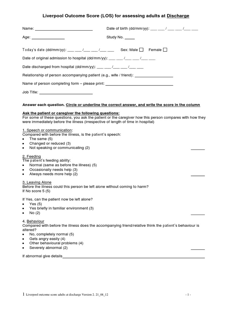 Liverpool Outcome Score (LOS) For Assessing Adults at Discharge | PDF ...