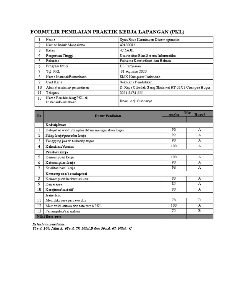 Nilai PKL | PDF