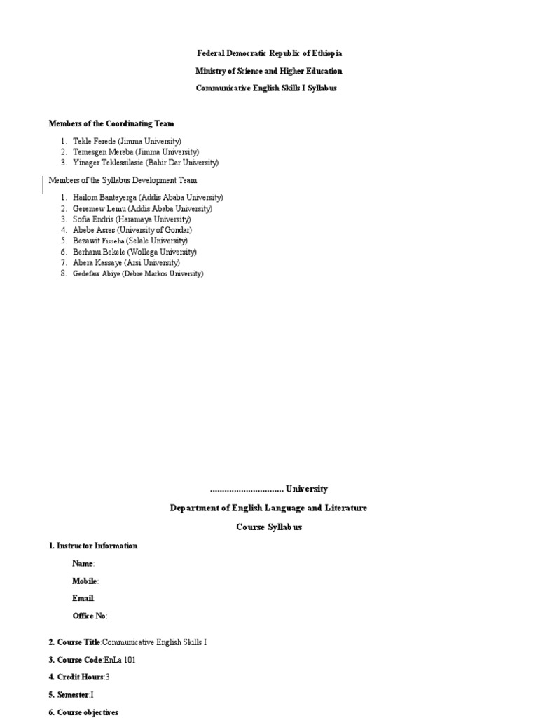 Communicative English I Syllabus | PDF | Reading Comprehension | Question