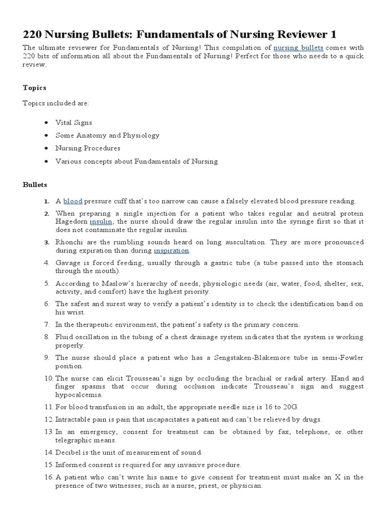 220 Nursing Bullets Fundamentals of Nursing Reviewer 1 | PDF | Physical ...