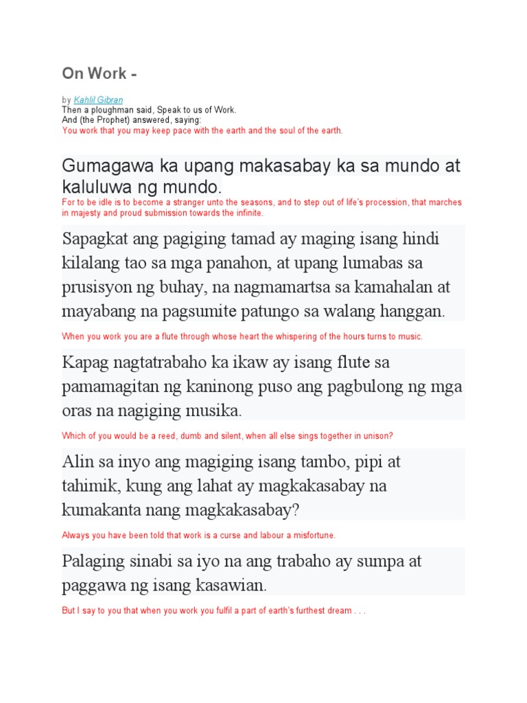 On Work - : Kahlil Gibran | PDF