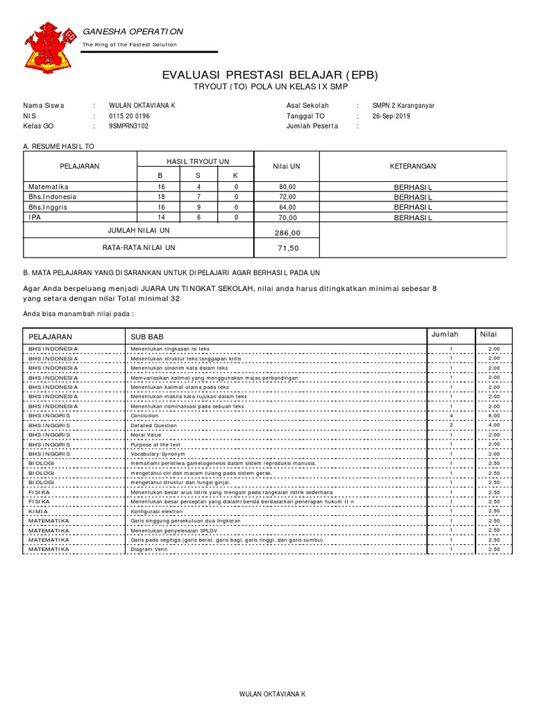 Evaluasi Prestasi Belajar (Epb) : Ganesha Operation | PDF