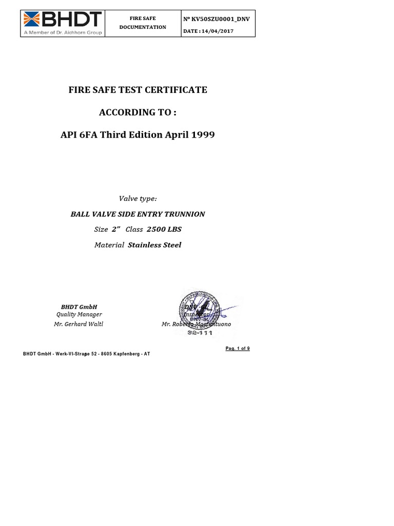 Fire Safe Test Certificate According To: API 6FA Third Edition April ...