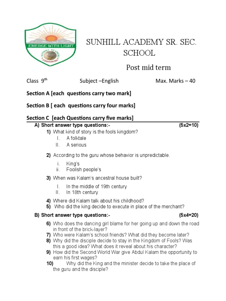 Sunhill Academy Sr. Sec. School: Post Mid Term | PDF