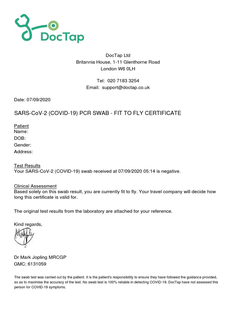 Covid Fitness To Fly Certificate | PDF