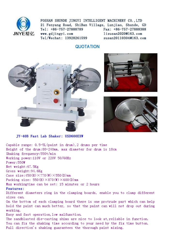 Quotation: JY-40B Fast Lab Shaker: USD600EXW | PDF