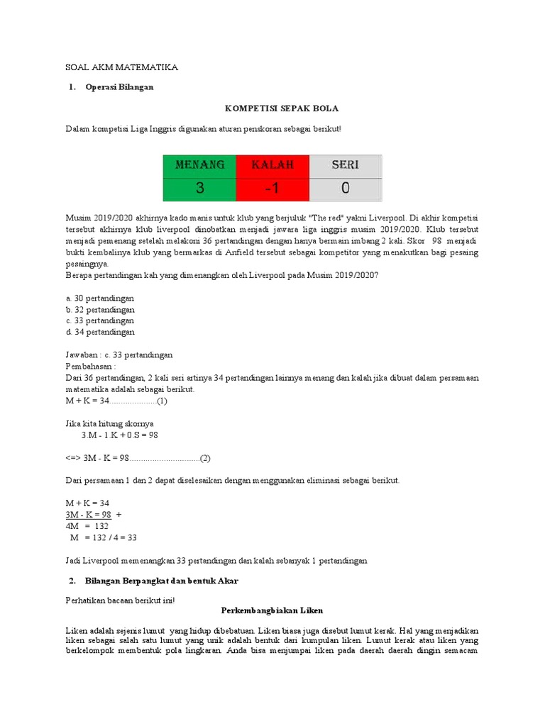 Soal AKM Matematika SMP 2021 | PDF | Metode & Bahan Ajar | Kesehatan ...