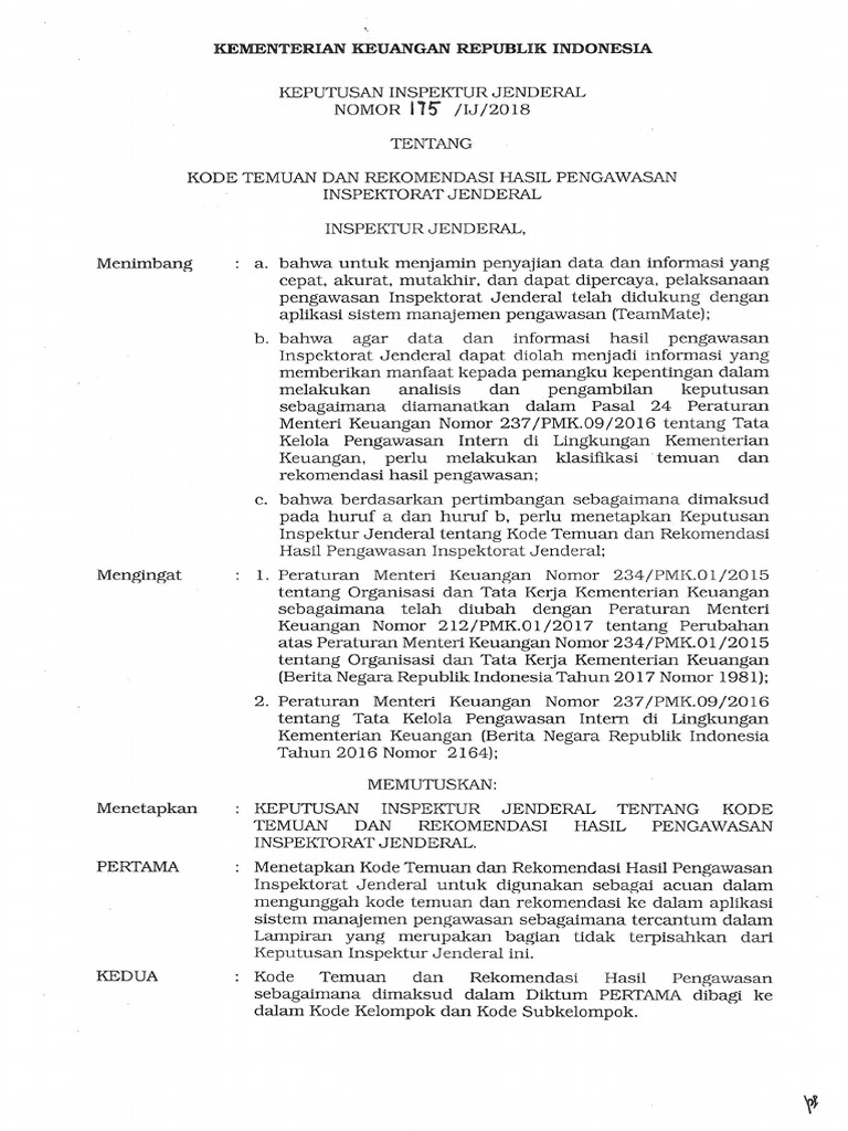 KEP 175 Kode Temuan Inspektorat Jenderal Kementerian Keuangan | PDF