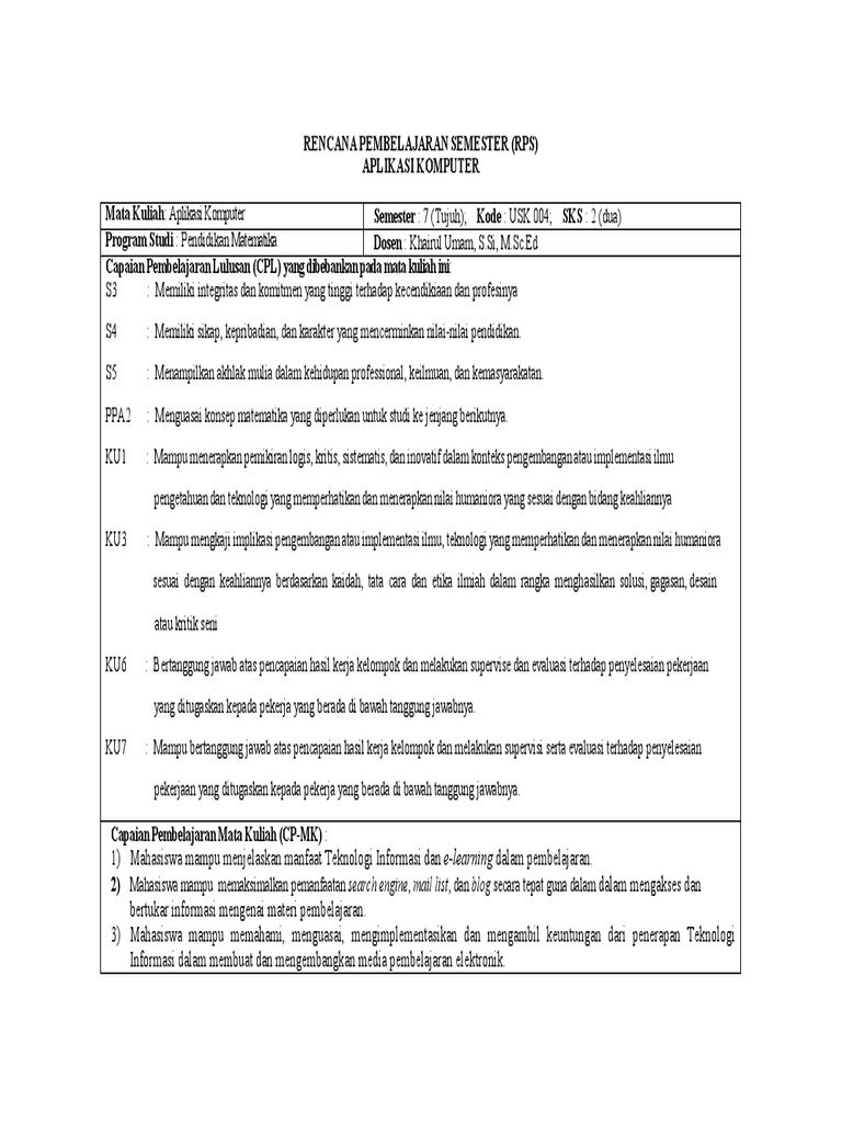 RPS Aplikasi Komputer Semester 7 | PDF | Karier & Perkembangan | Seni