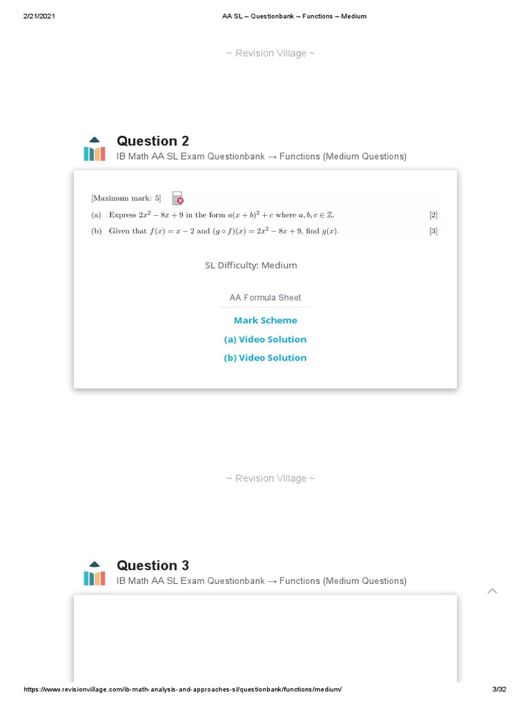 IB Math AA SL Exam Questionbank with Video Solutions for Medium-Level ...
