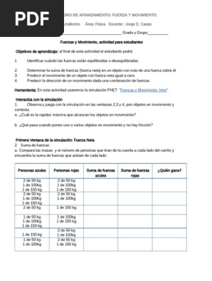 Hoja De Trabajo Sobre Problemas De Fuerza