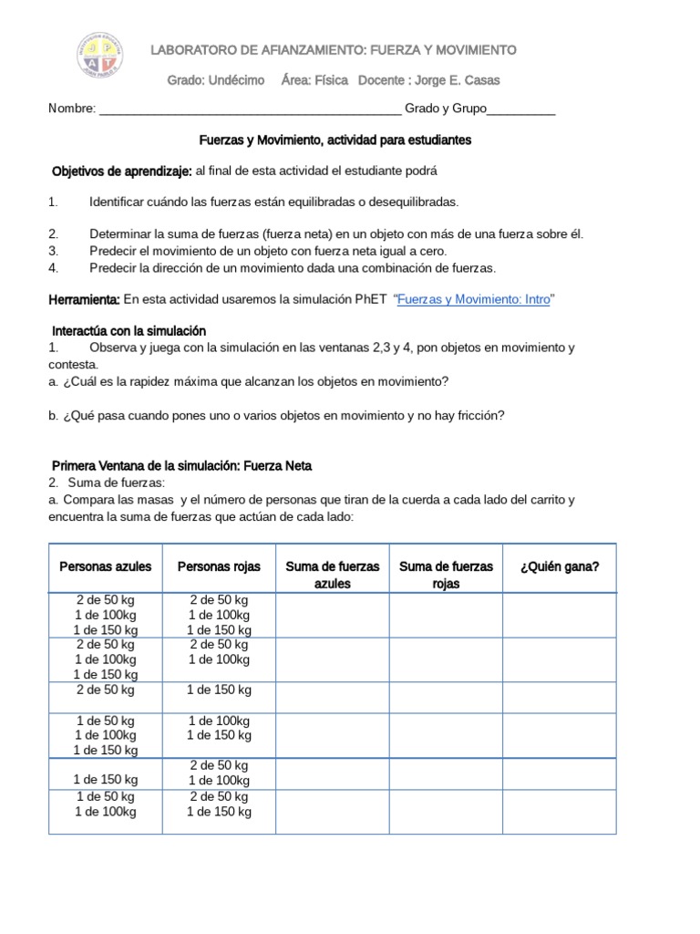 Hoja de Trabajo-Fuerzas y Movimiento - Docx - 1613930717019 | PDF ...