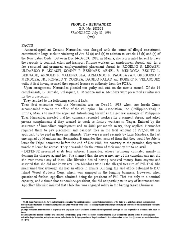 Illegal Recruitment Case: People v. Hernandez | PDF | Prosecutor | Trials