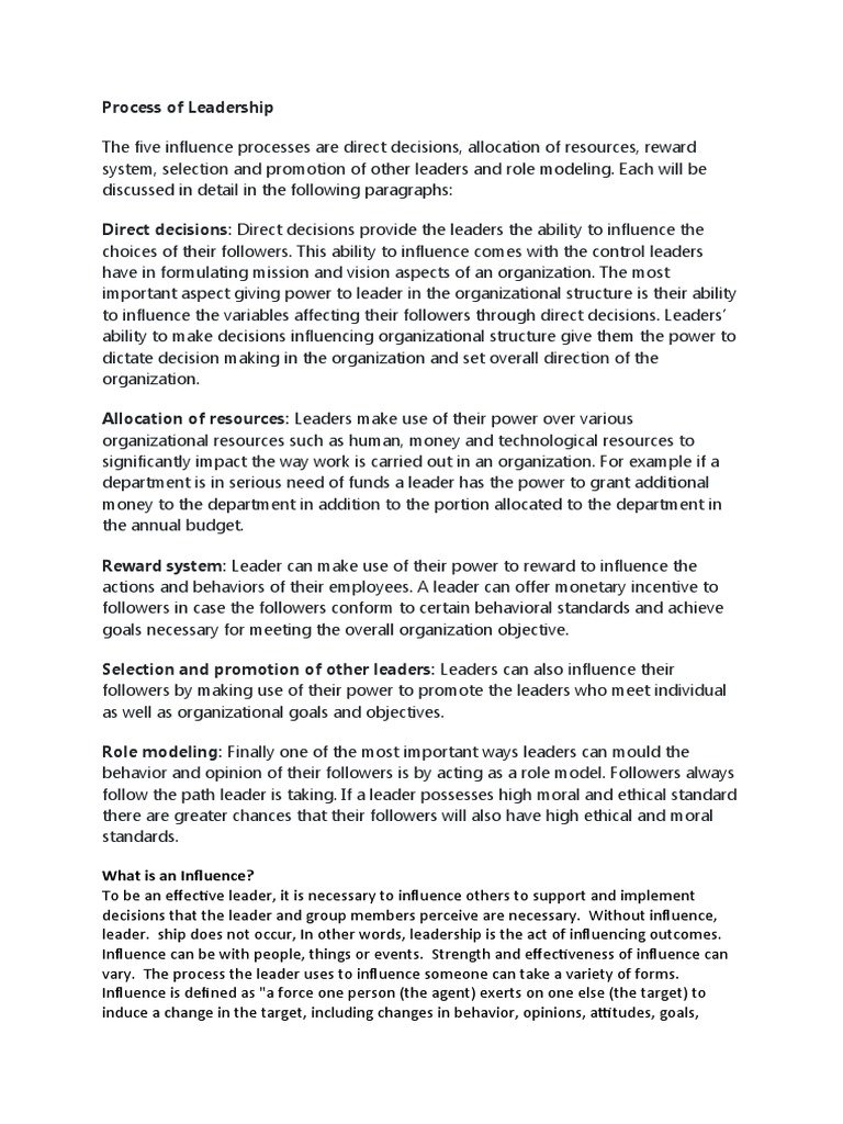 Five Processes of Leadership Influence: Direct Decisions, Resource ...