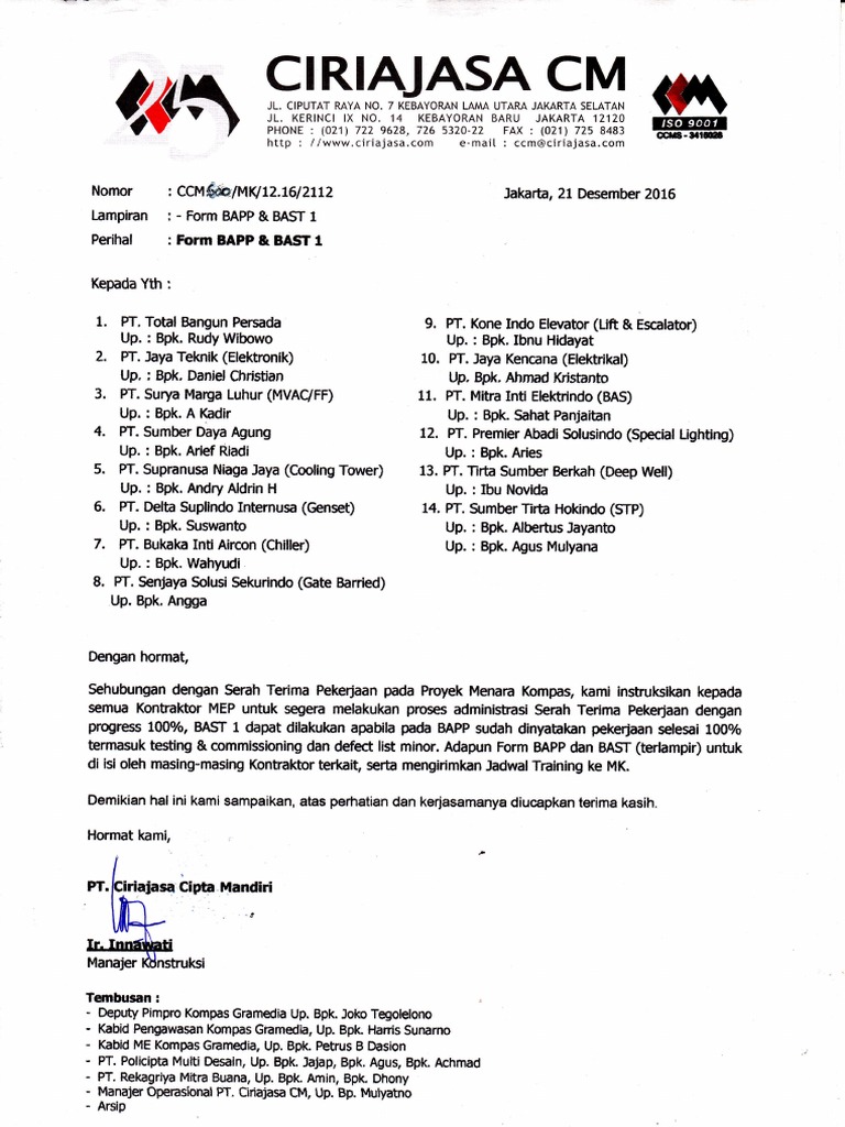 Surat CCM No. 600 Perihal Form BAPP & BAST 1 | PDF