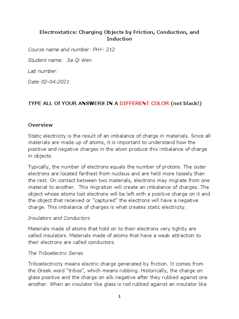 Lab 1-Electrostatic-Charging Objects by Friction, Conduction, and ...