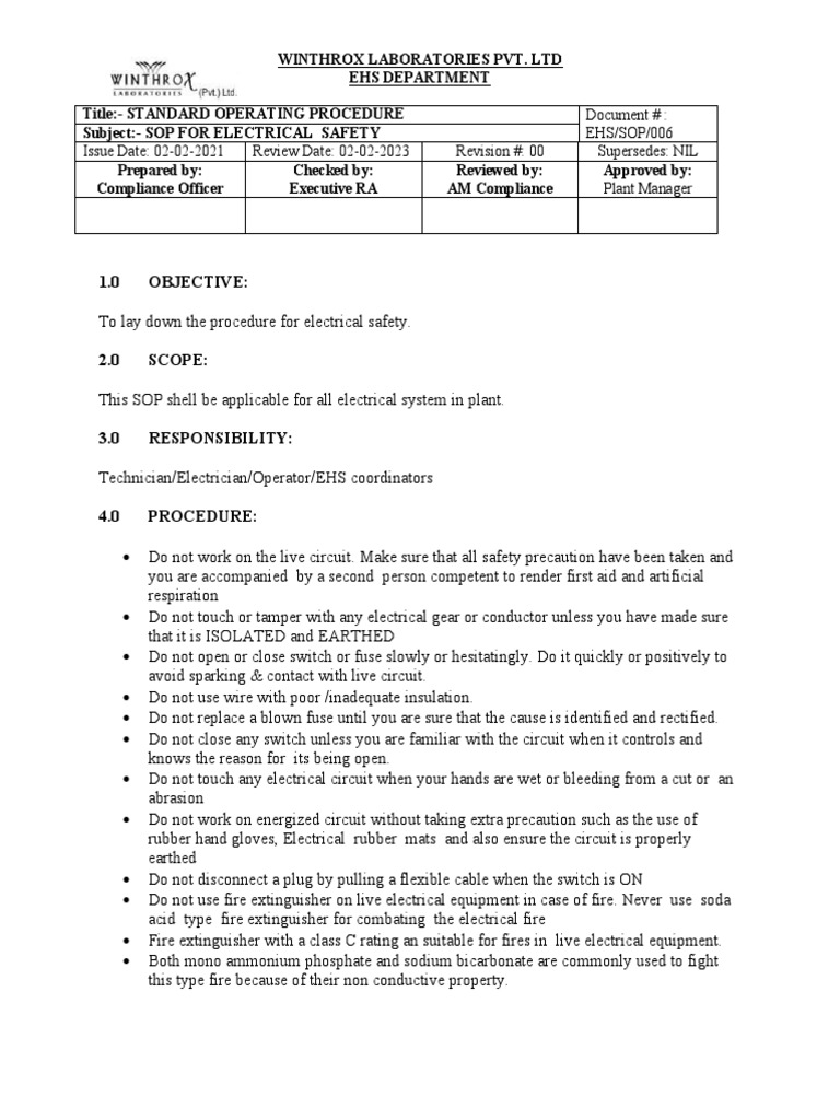 Sop For Electrical Safety | PDF | Ac Power Plugs And Sockets ...