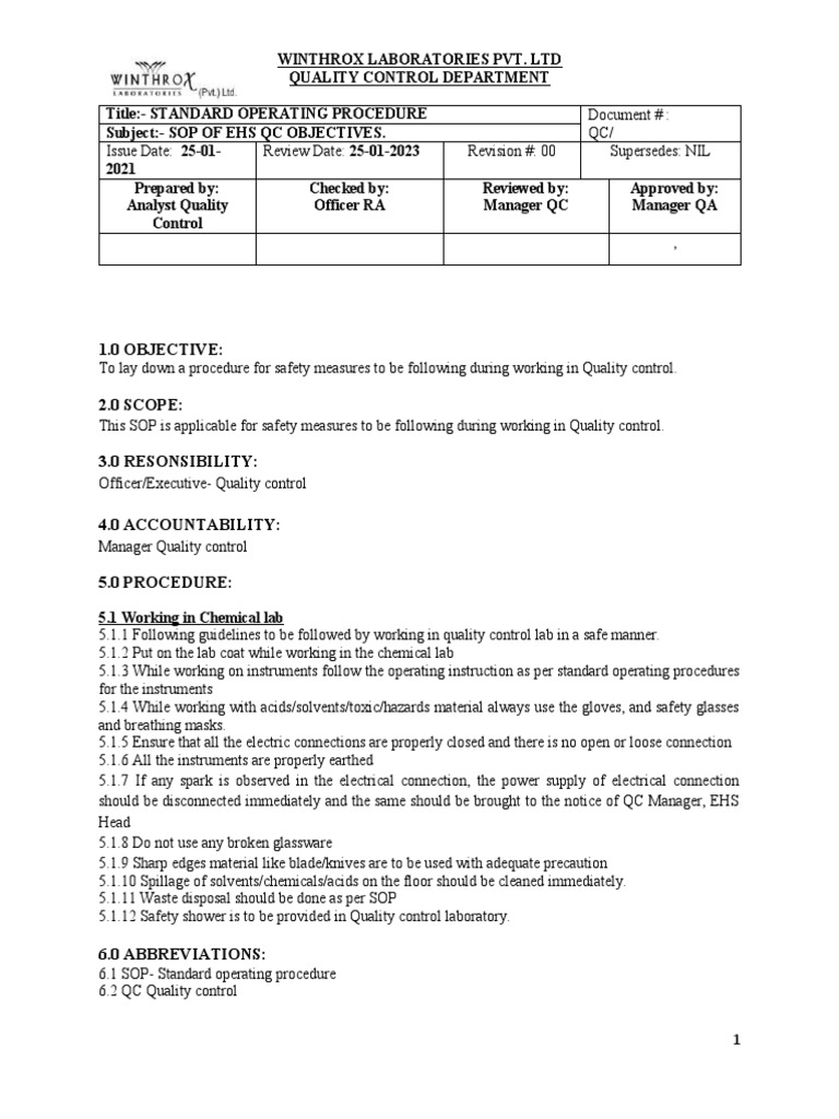 Objectives of Quality Control | PDF | Laboratories | Safety