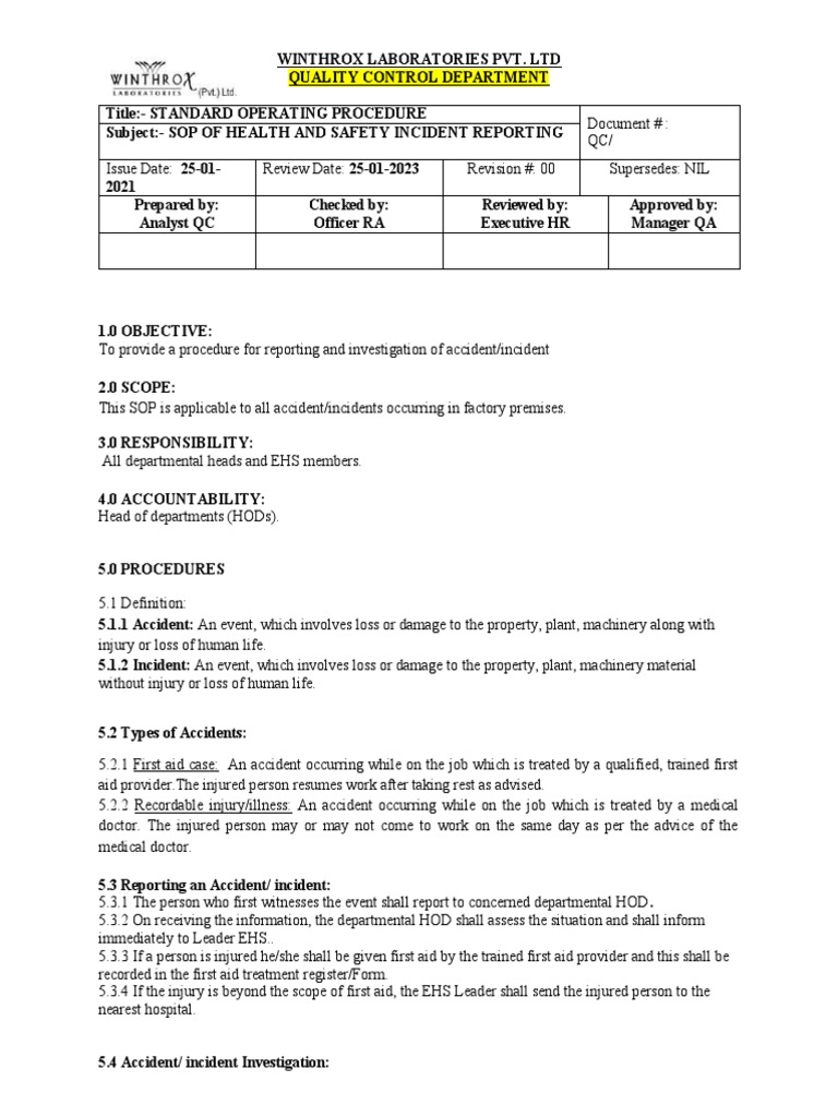 Incident Sop | PDF | First Aid | Occupational Safety And Health
