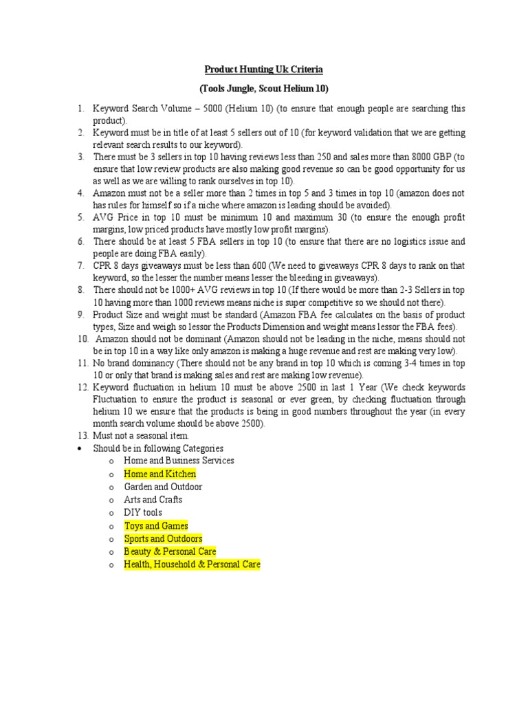 Amazon UK Product Hunting Criteria | PDF | Marketing | Market (Economics)