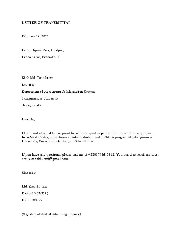 Letter of Transmittal: (Signature of Student Submitting Proposal) | PDF ...