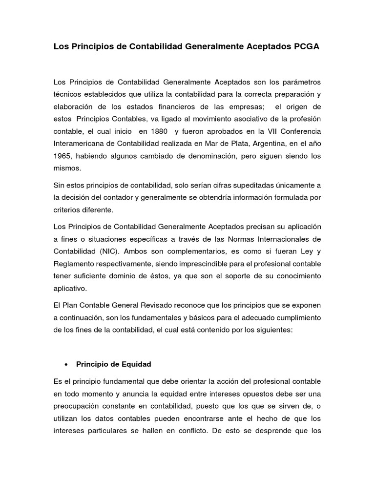 Los Principios de Contabilidad Generalmente Aceptados PCGA | PDF ...