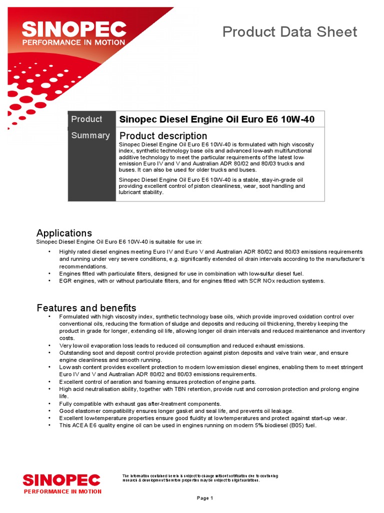 Sinopec Diesel Engine Oil Euro E6 10W 40 | Download Free PDF | Motor ...