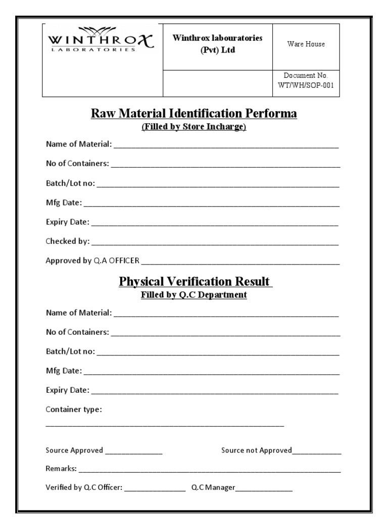 Raw Material Identification Performa | PDF