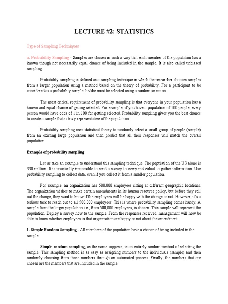 Lecture #2: Statistics: Type of Sampling Techniques A. Probability Sampling | PDF | Quartile ...